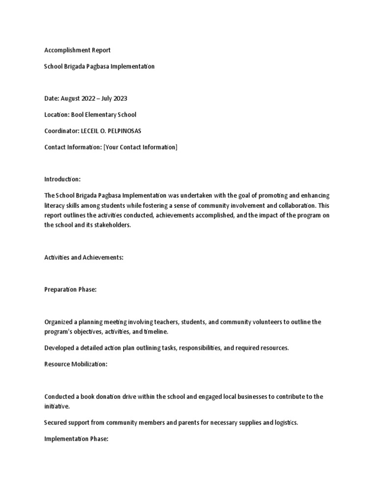 BRIGADA PAGBASA Accomplishment Report | PDF | Literacy | Teachers