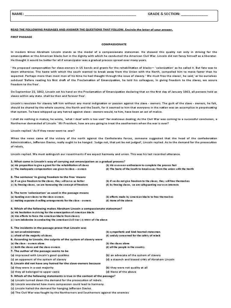 FIRST PASSAGE For Reading | PDF | Emancipation Proclamation | Abraham ...