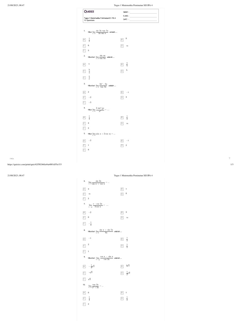 Tugas Matematika Peminatan Latihan Limit | PDF
