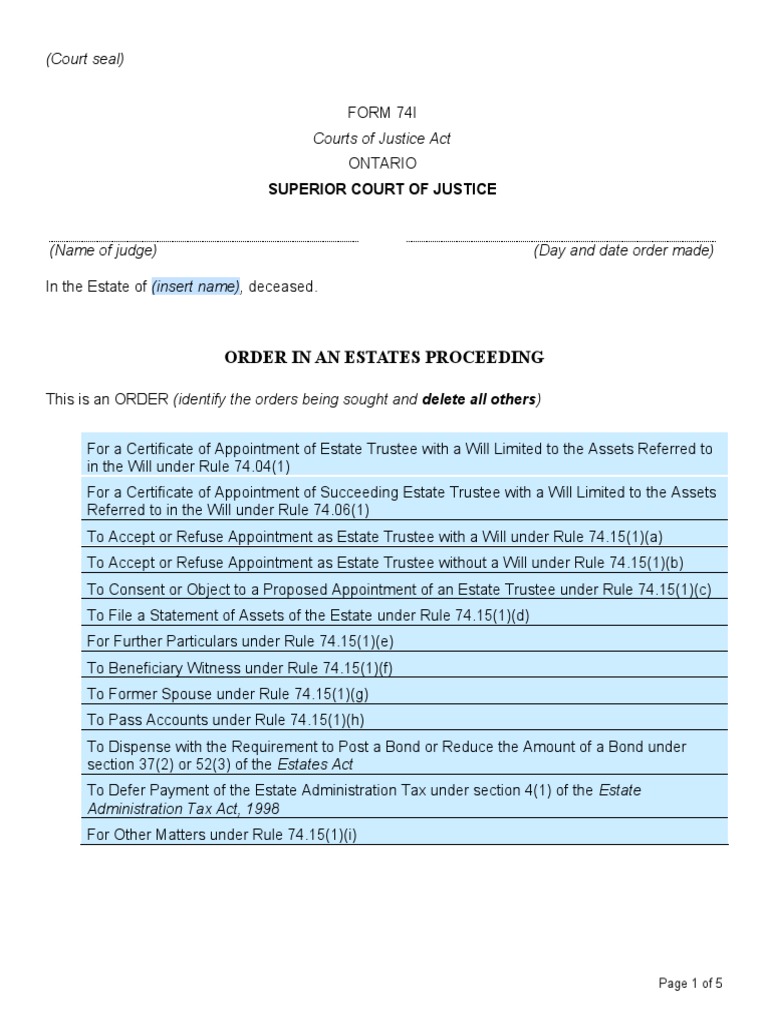 Order in An Estates Proceeding: Superior Court of Justice | PDF
