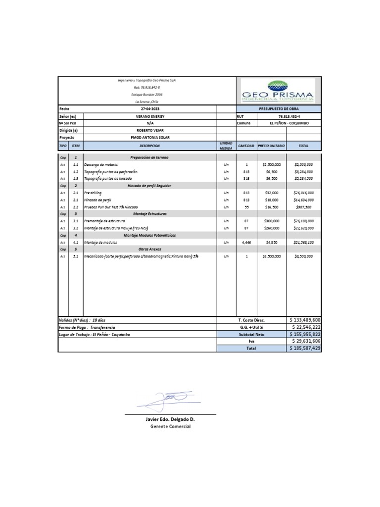 Cotización Montaje Mecánico PMGD Antonia - Geo Prisma - Rev1 | PDF | Energía solar | Ciencias ...