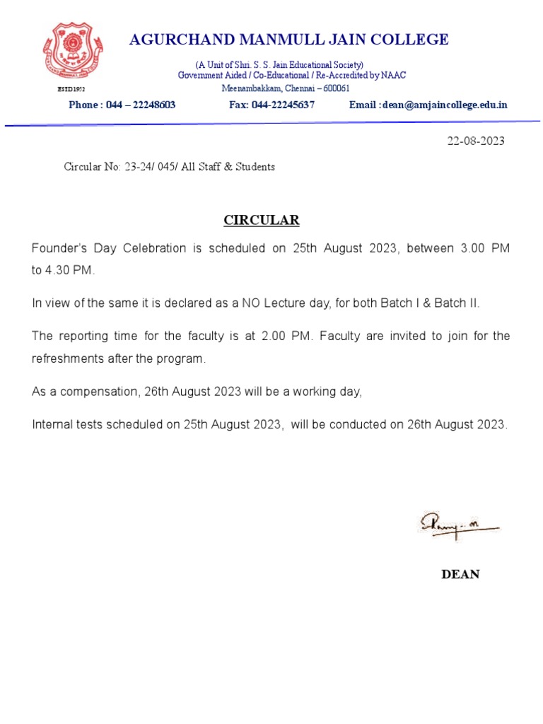 Circular No - 45 - All Staff & Students | PDF