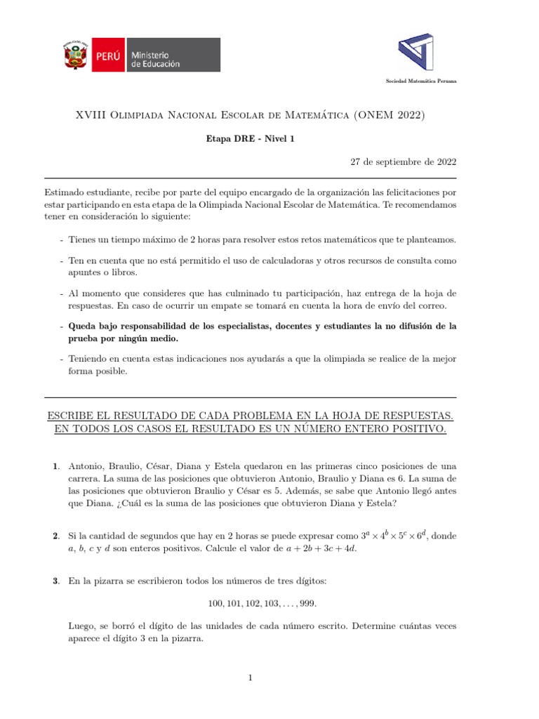 Onem 2022 Tercera Fase Niveles 1, 2 y 3 | PDF