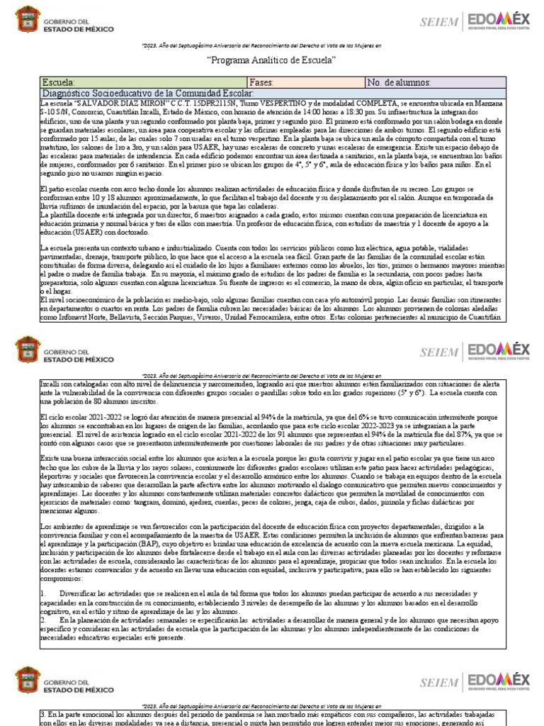 Cuadro Programa Analitico de Escuela | PDF | Inclusión (Educación) | Las emociones