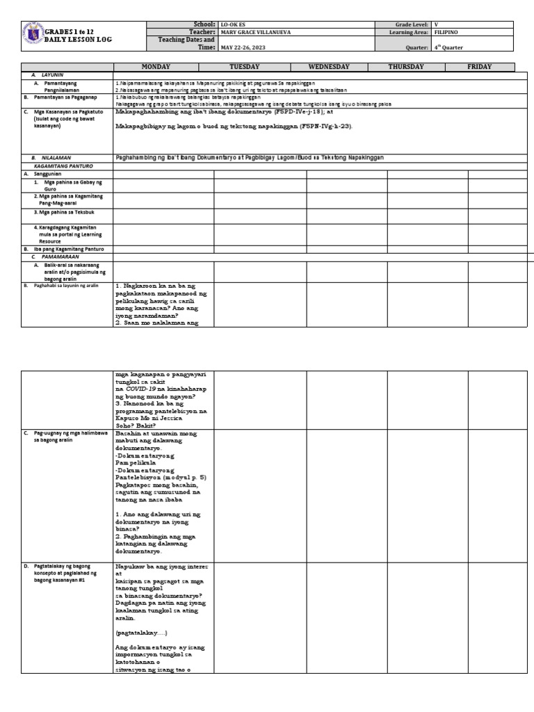 Grade 5 DLL FILIPINO 5 Q4 Week 5 | PDF