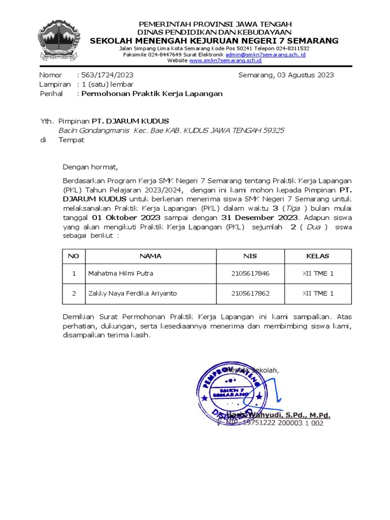 Permohonan PKL - 1724 - Pt. Djarum Kudus | PDF