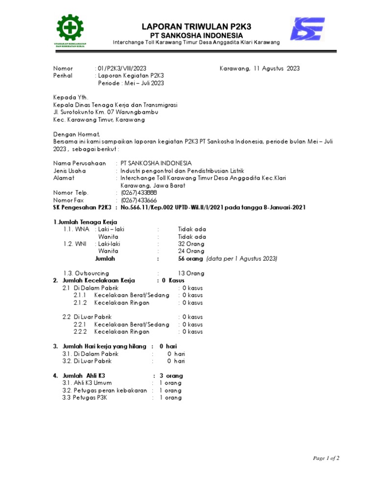P2K3 - Laporan Triwulan - Mei Juli 2023 | PDF