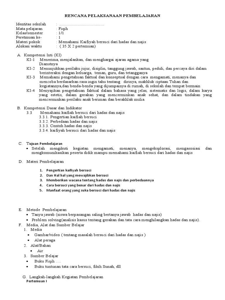 RPP K13 Fiqih Kelas 1 Smt. 2 Kd. 3.3, 4.2 | PDF