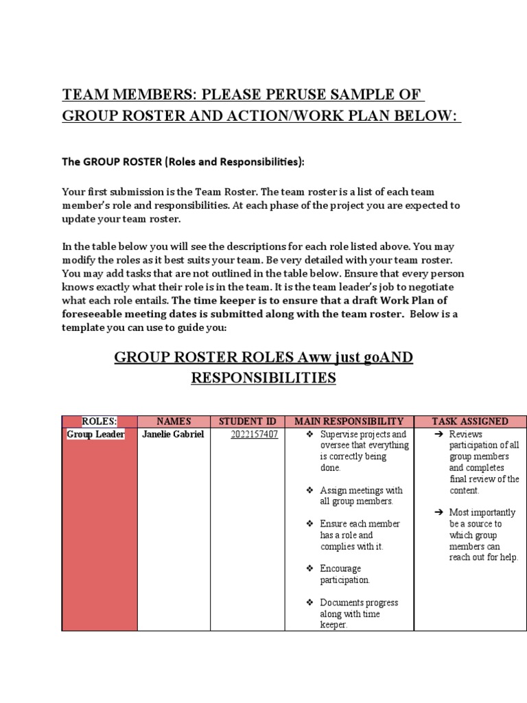 Sample of Completed Group - Team Roster and Action Plan Template | PDF