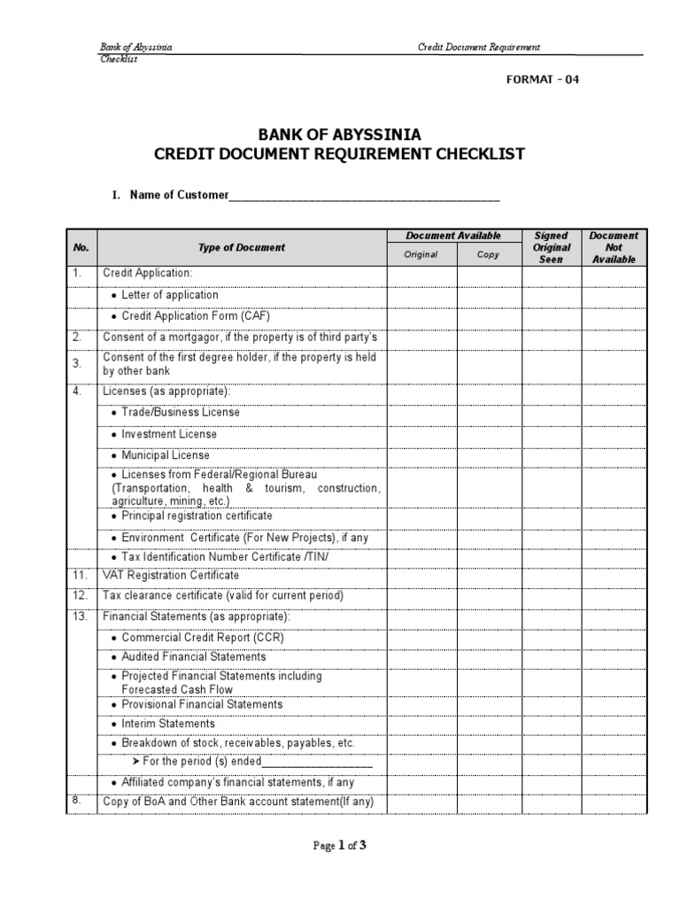 CREDIT DOCUMENT REQUIREMENT CHECKLIST IN ABYSSINIA BANK | PDF