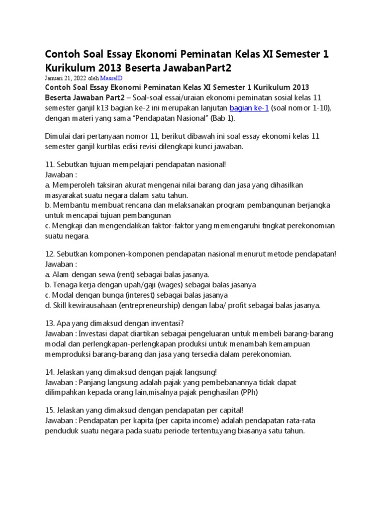 Soal Essay Ekonomi Kelas 11 Semester 1 | PDF | Pengelolaan Keuangan & Uang