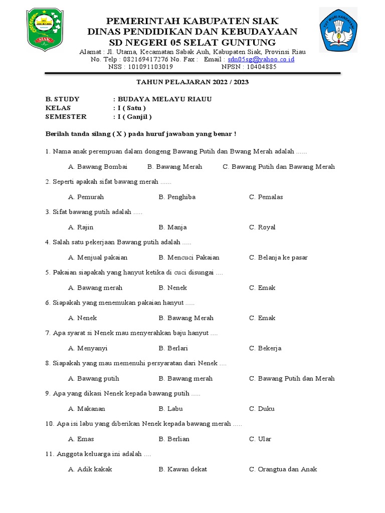 Soal BMR Sem Ganjil Kelas 1 | PDF