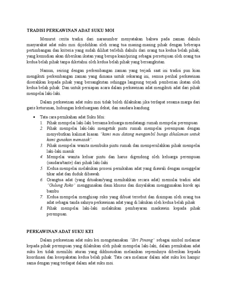 TRADISI PERKAWINAN ADAT SUKU MOI Dan KEI | PDF