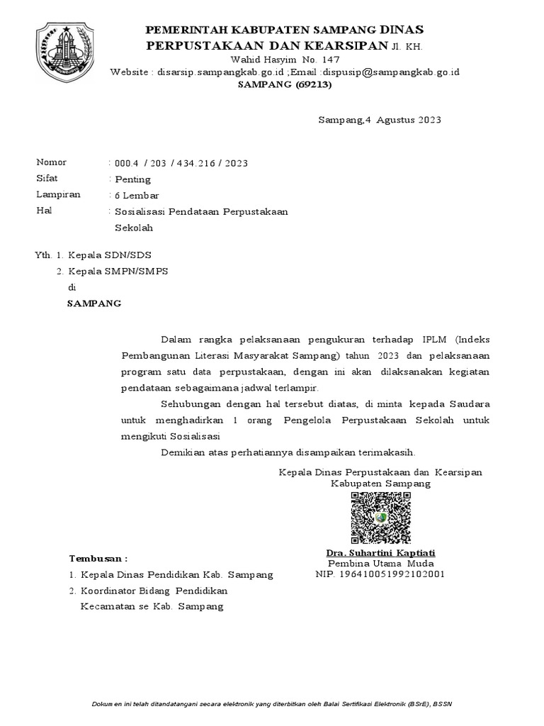 Surat Pendataan Perpus. Kec. Sokobanah | PDF