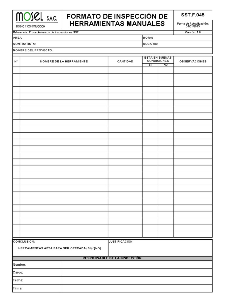 SST.F.045 - Formato de Inspeccion de Herramientas Manuales | PDF SST.F.045 - Formato de Inspeccion de Herramientas Manuales | PDF