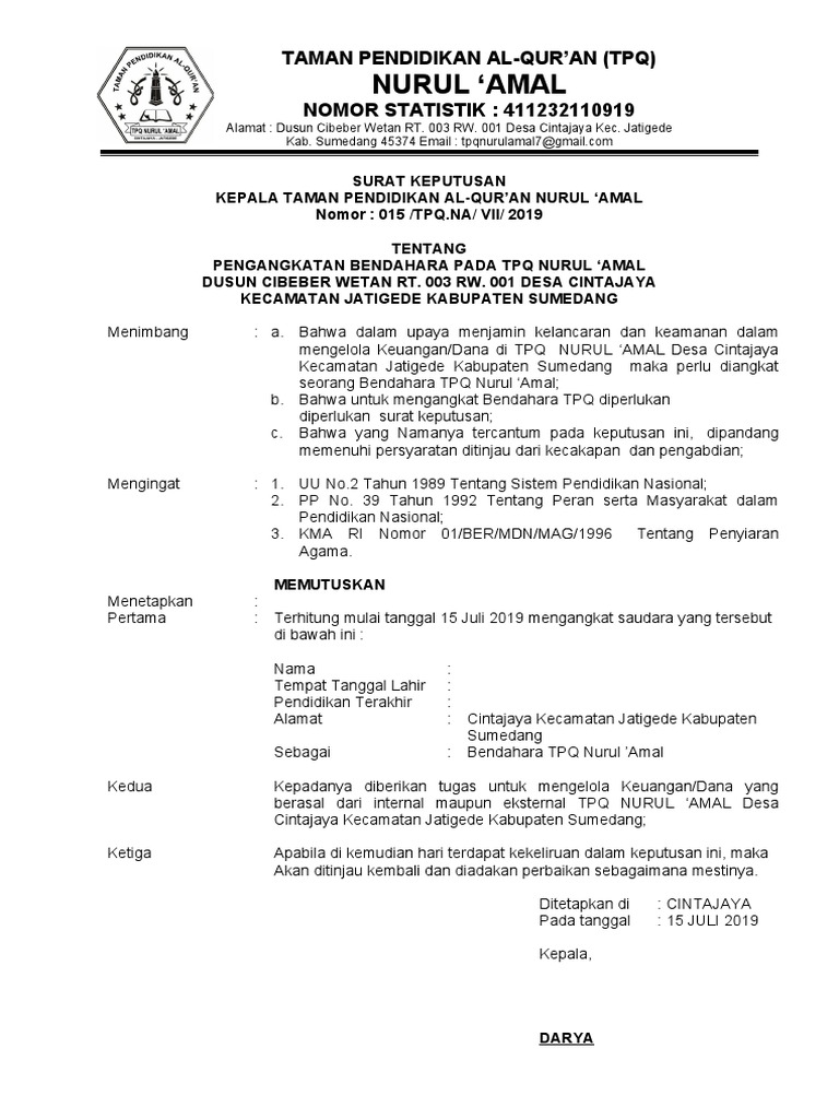 Contoh SK Bendahara TPQ | PDF