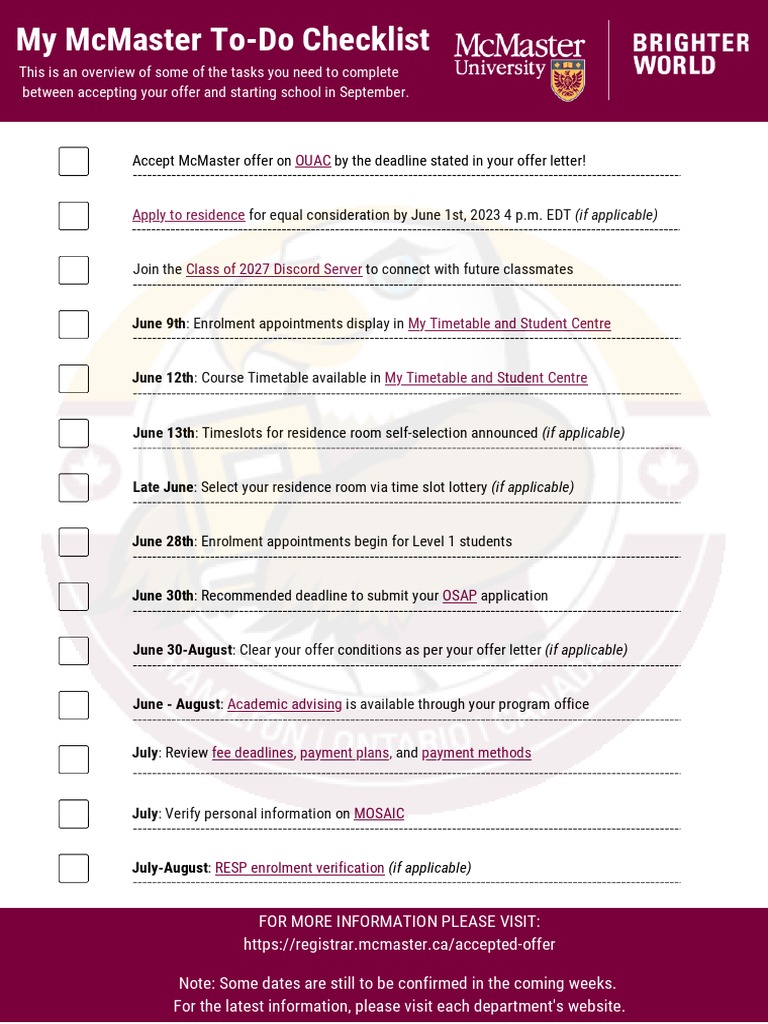 McMaster To Do Checklist 2023 | PDF