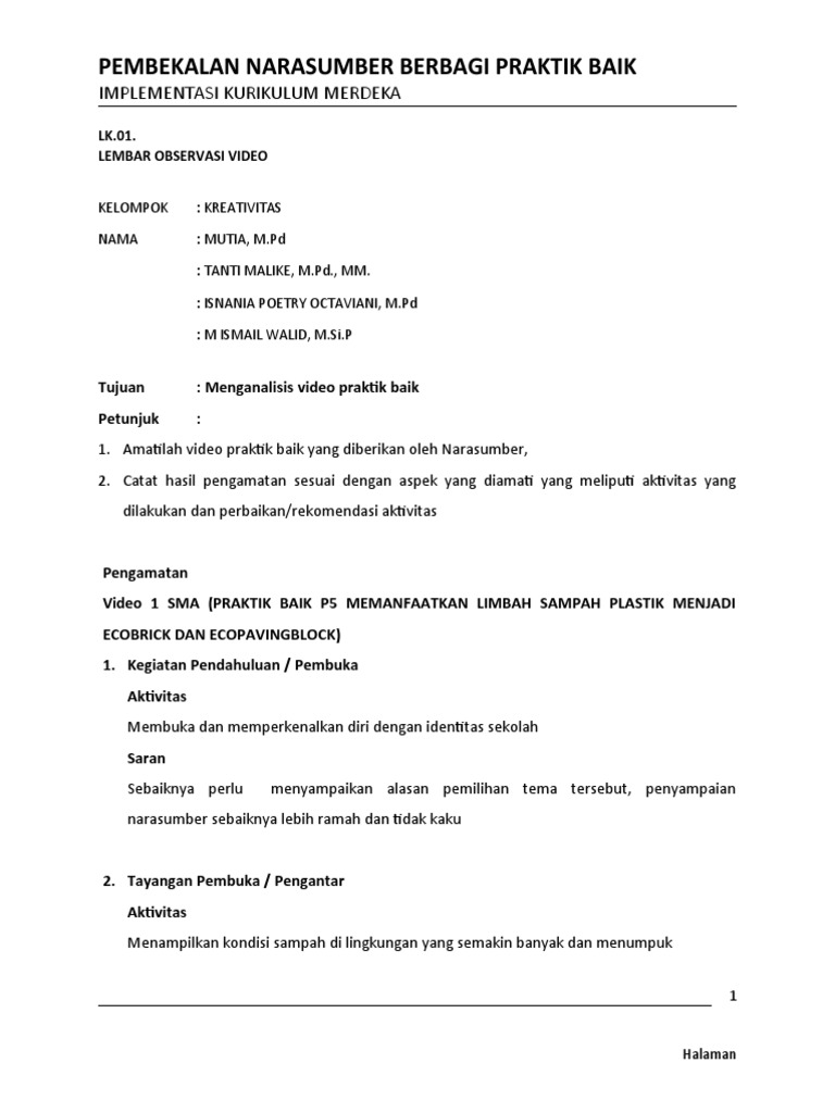 Kel.1-LK.01. Lembar Observasi Video | PDF