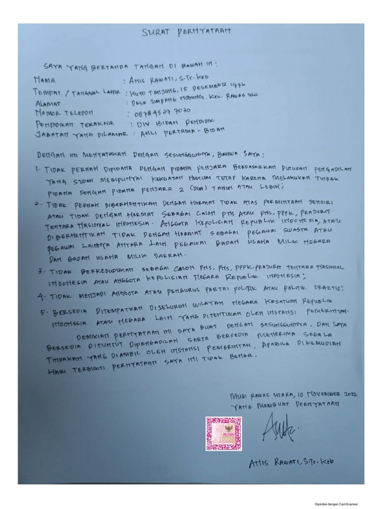 Surat Pernyataan Asli Anis | PDF