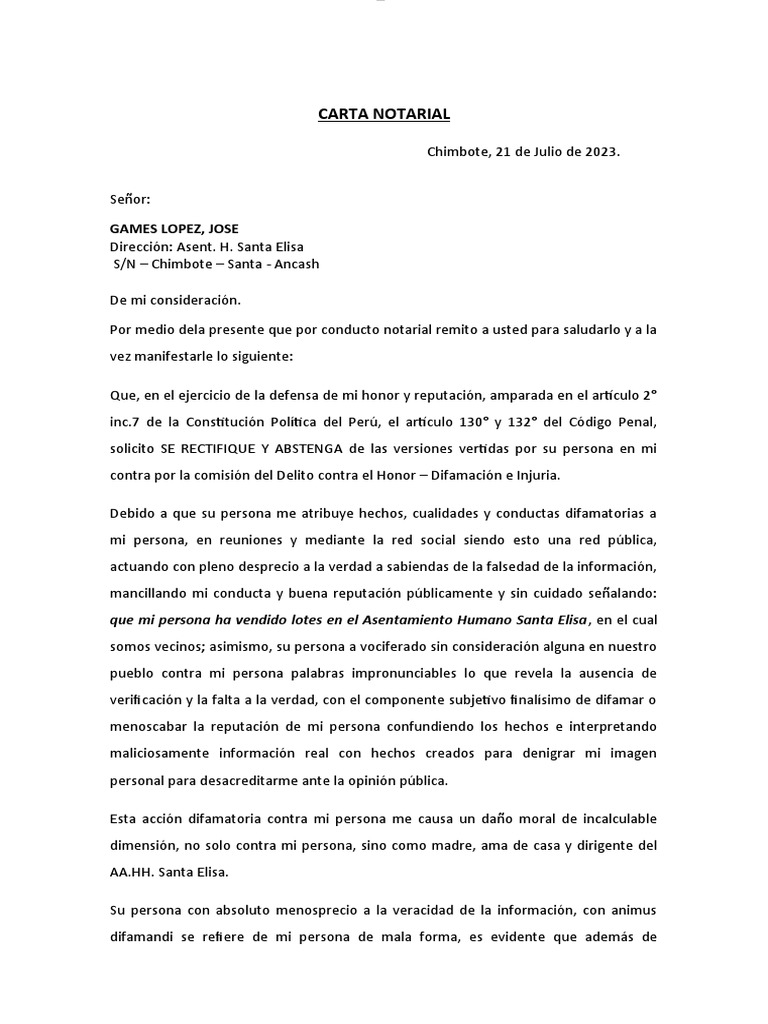 Carta Notarial - Difamacion | PDF | Justicia | Crimen y violencia