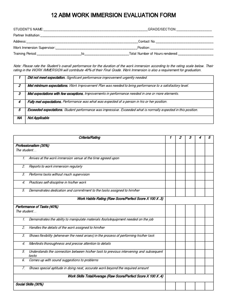 12 Abm Work Immersion Evaluation Form | PDF | Cognitive Psychology | Behavioural Sciences