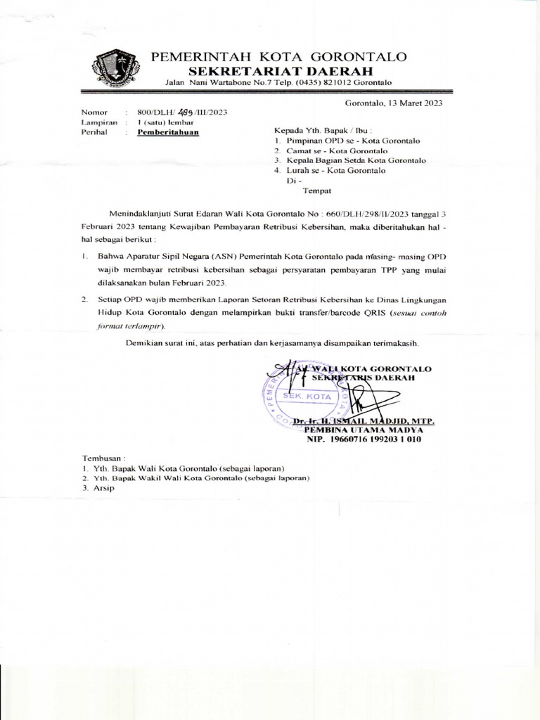 Pemberitahuan Retribusi Kebersihan Syarat TPP | PDF