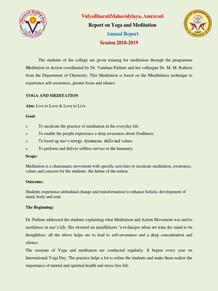Report On Yoga and Meditation: Vidyabharatimahavidylaya, Amravati | PDF | Meditation | Yoga