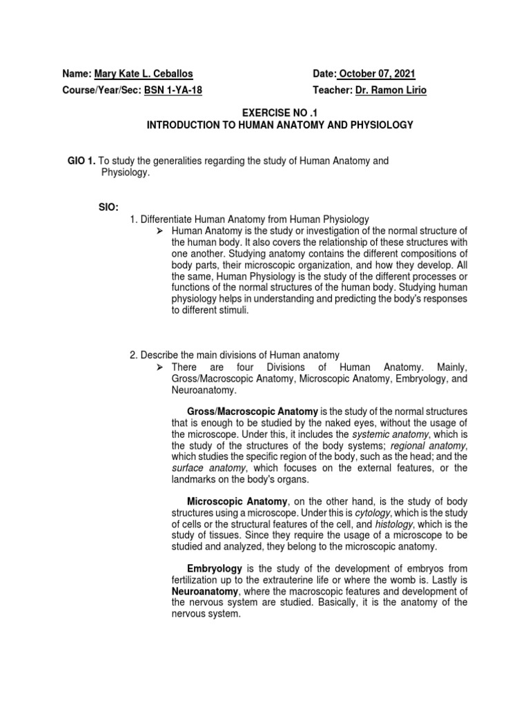 CEBALLOS, Mary Kate L. (BSN 1-YA-18) - WEEK 2 LAB EXERCISE - Introduction To Human Anatomy and ...