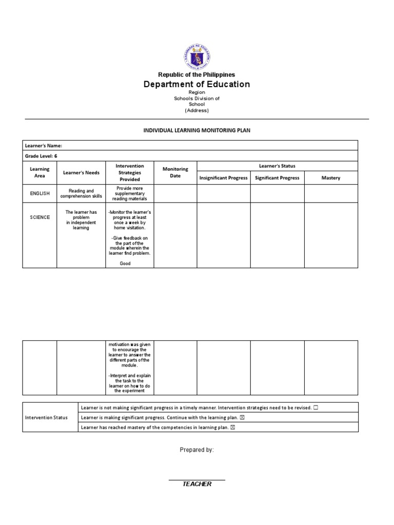 Individual Learning Monitoring Plan | PDF | Learning | Reading ...