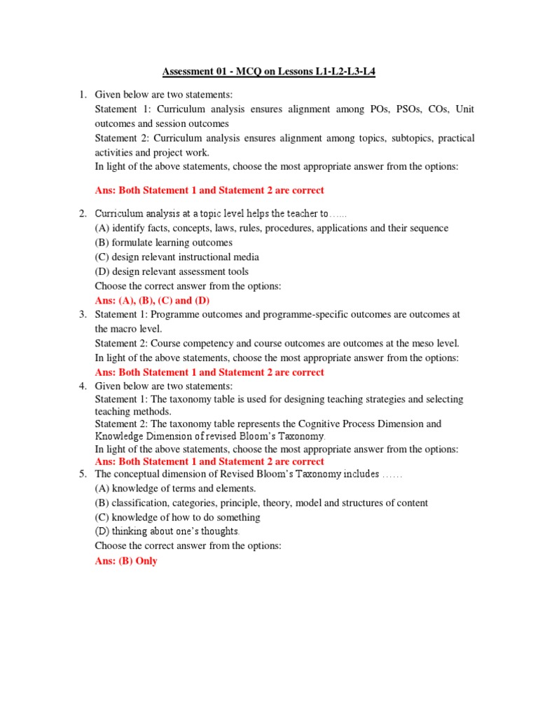 Assessment 01 - MCQ On Lessons L1-L2-L3-L4 | PDF | Teaching Method | Learning