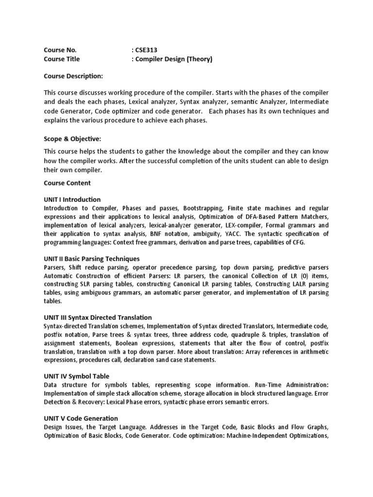Cse313 Compiler Design Syllabus Pdf Parsing Compiler 4756