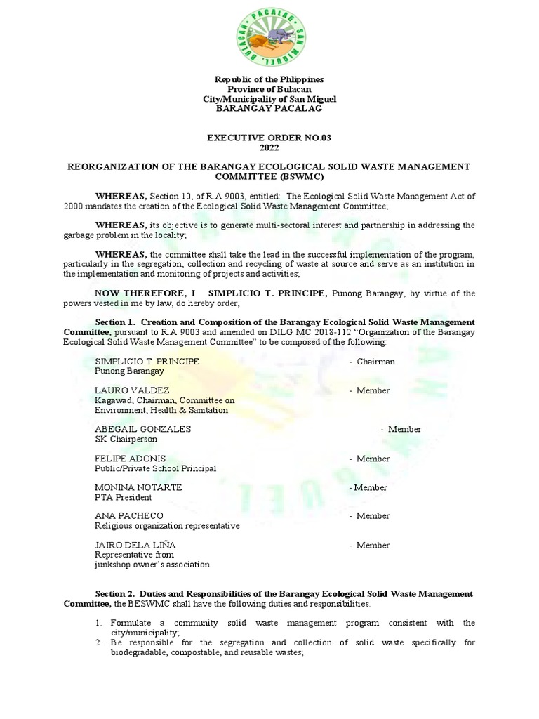 Executive Order Beswmc | Download Free PDF | Waste Management ...