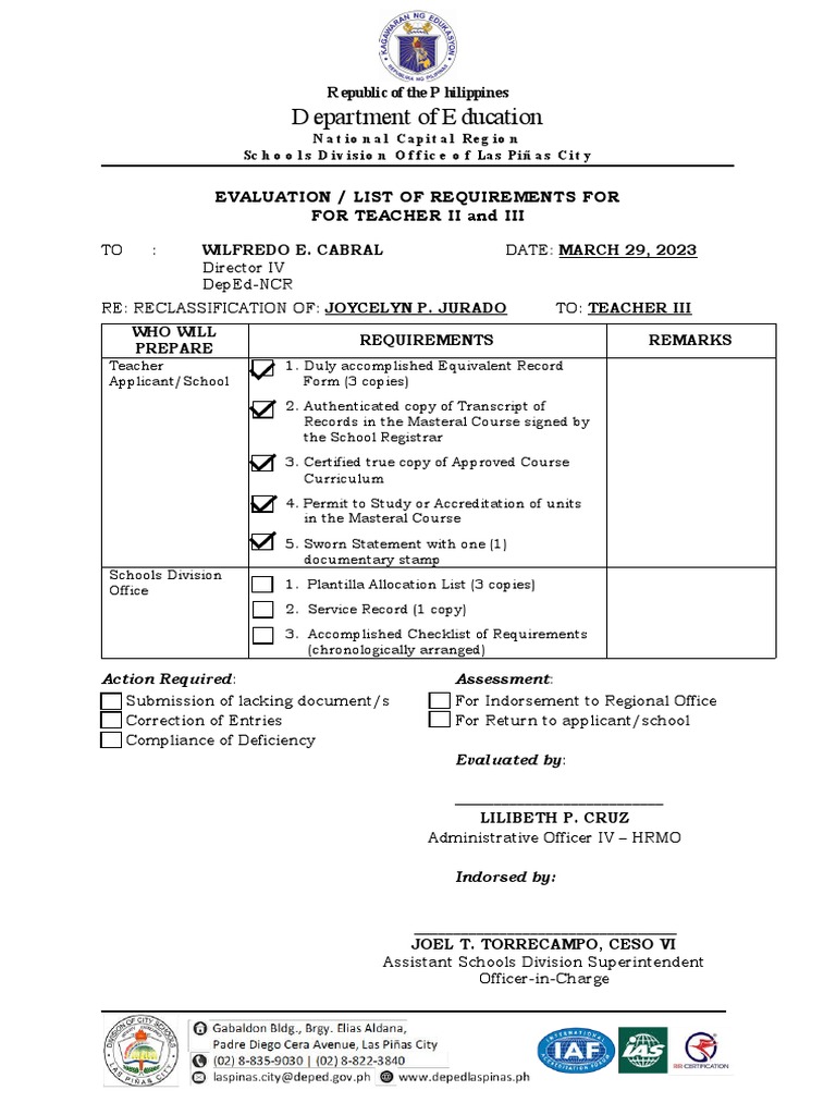 Checklist Teacher II III | PDF
