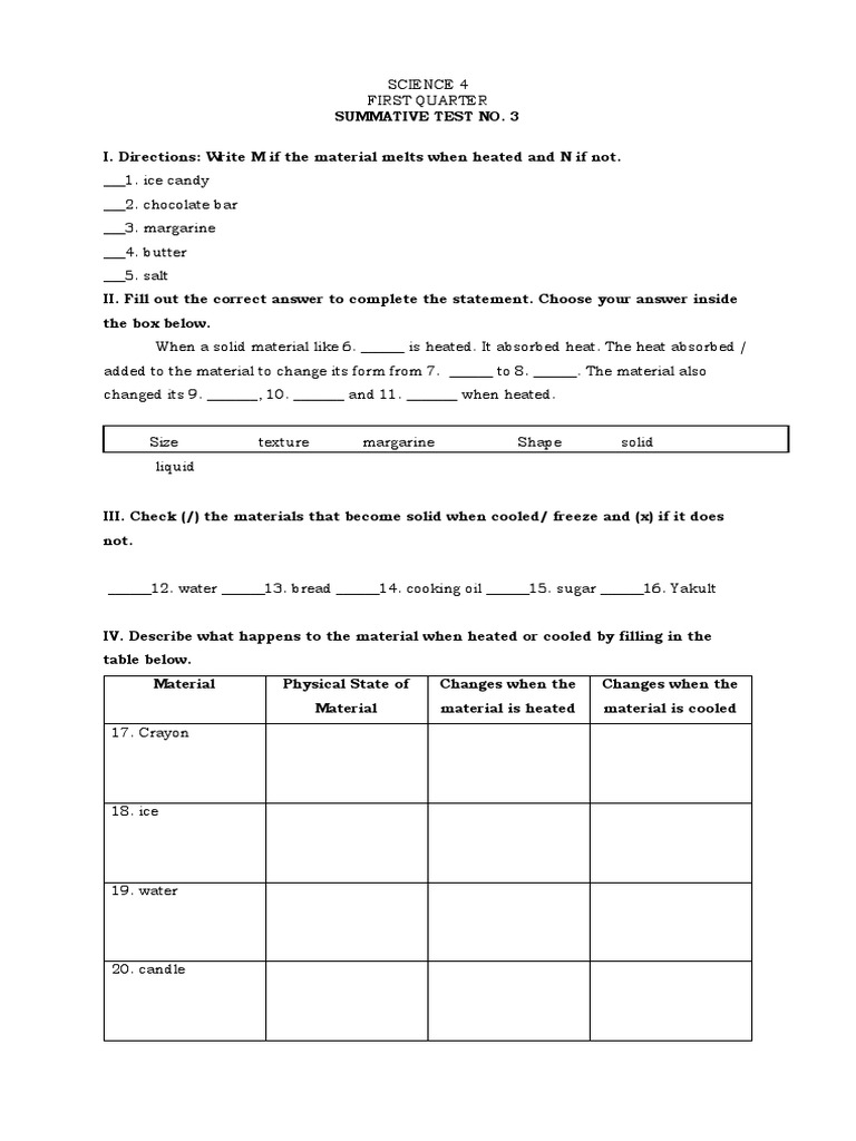 Q1 Summative Test | PDF | Mixture | Water