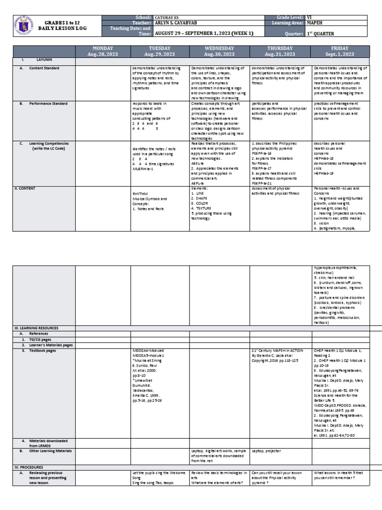 DLL - Mapeh 6 - Q1 - W1 | PDF