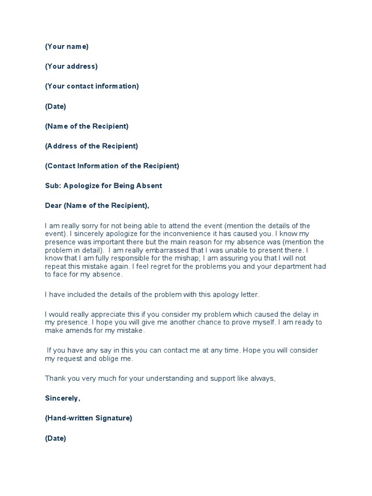 Apology Letter For Being Absent Types Template - 1 | PDF