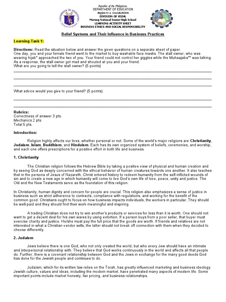 Belief Systems and Their Influence in Business Practices - Learning Activity Sheet | PDF