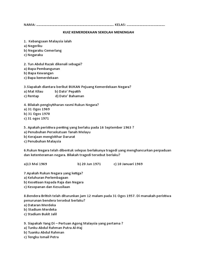 Soalan Kuiz Sekolah Menengah | PDF