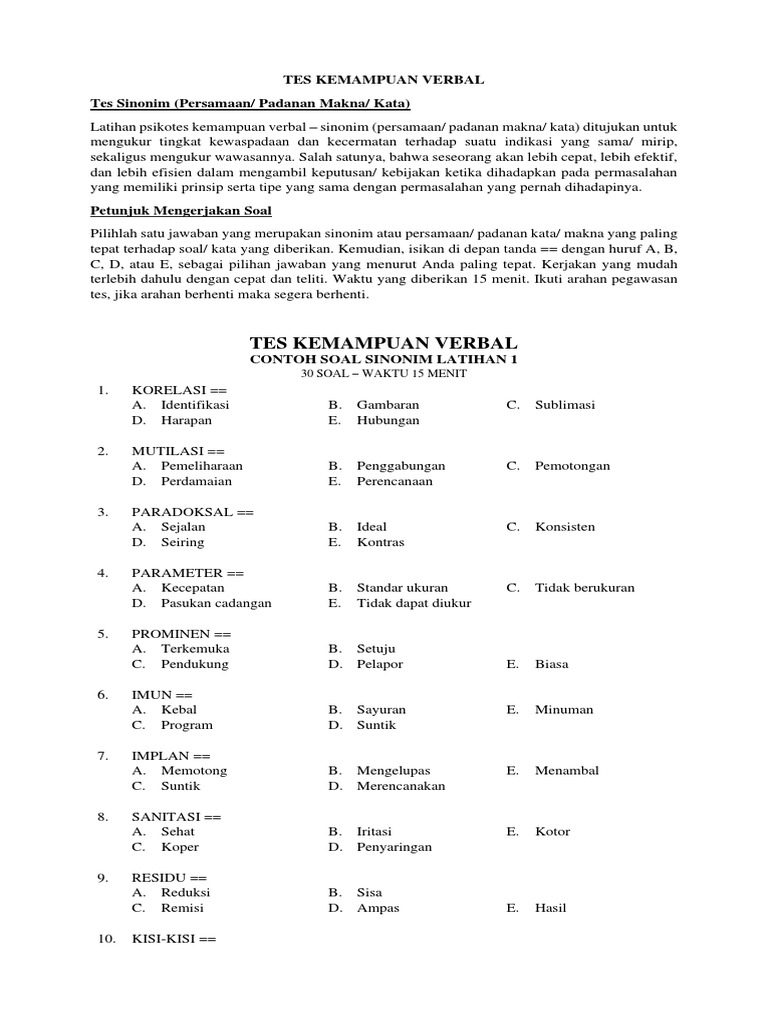 Latihan Tes Sinonim Kemampuan Verbal | PDF