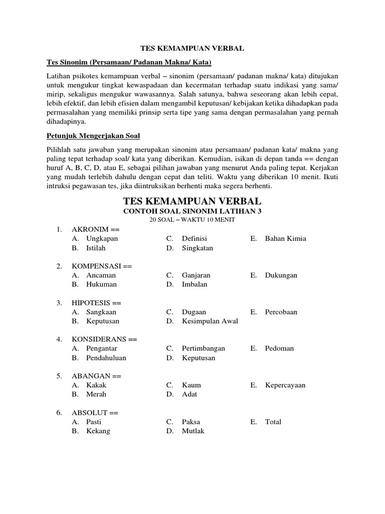 Tes Kemampuan Verbal Contoh Soal Sinonim Latihan 3 | PDF