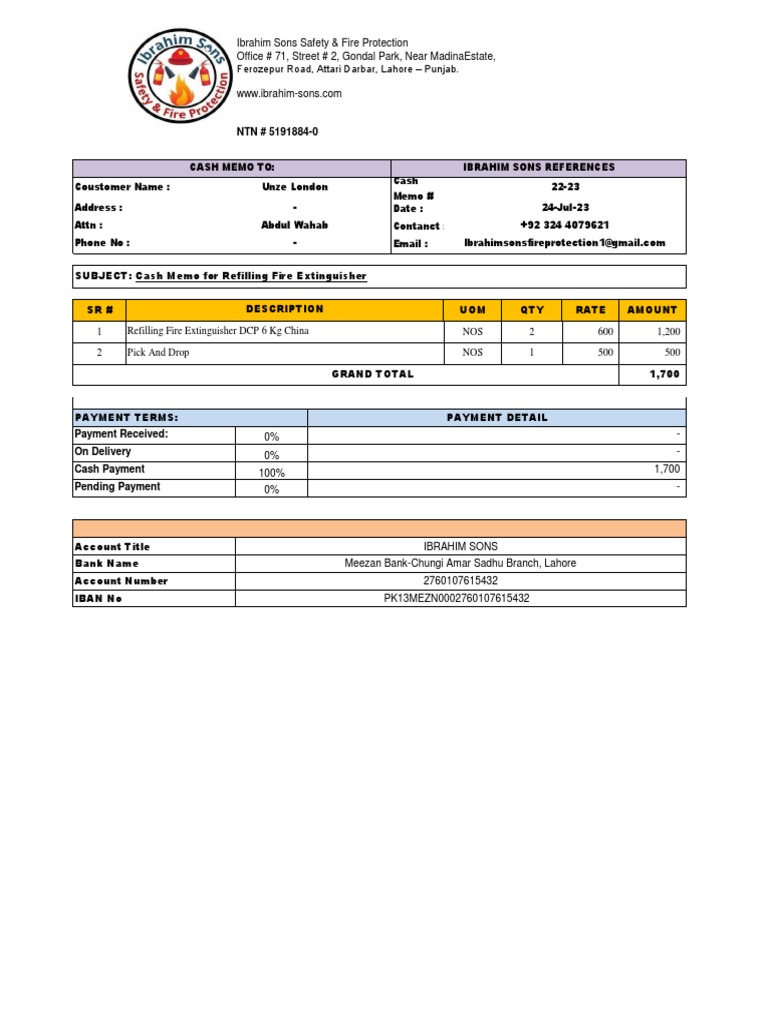Cash Memo To Unze London For Refilling Fire Extinguisher | PDF ...