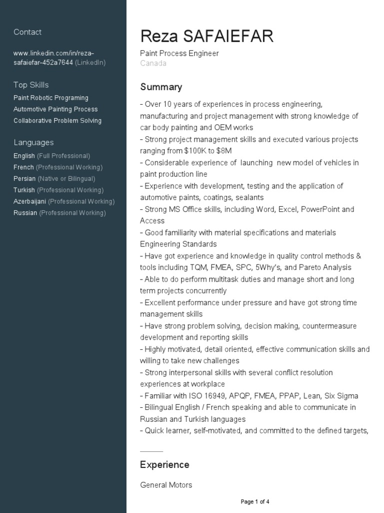 Paint Process Engineer Profile | PDF