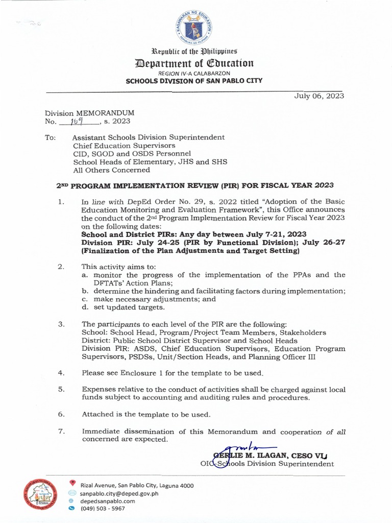 DM No. 169, S 2023 - 2nd Program Implementation Review (PIR) For Fiscal ...