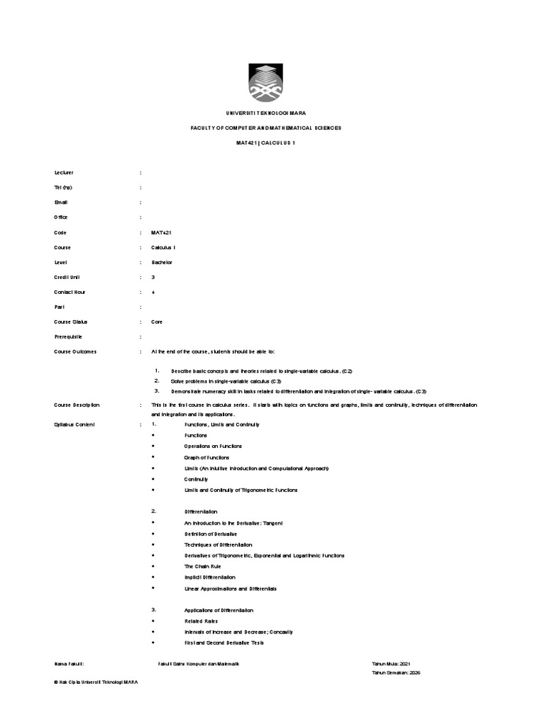 Calculus I Course Overview and Syllabus | PDF | Integral | Function ...