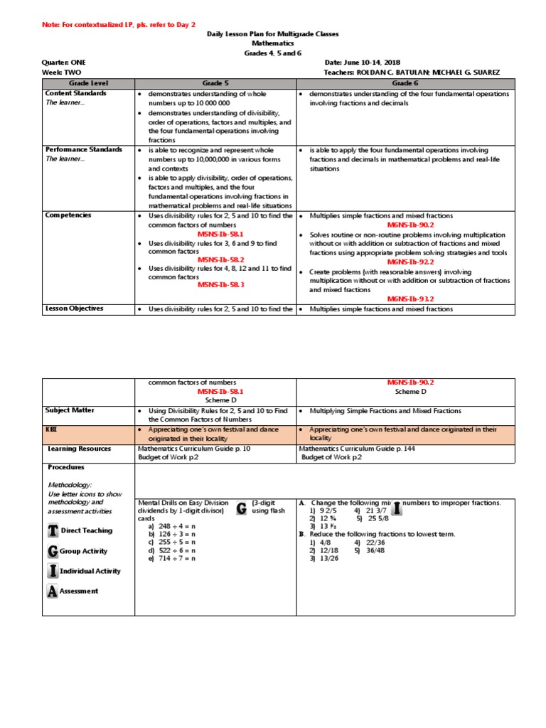 MG - CDLP Math 5&6 Q1-W2 | PDF | Teaching Methods & Materials