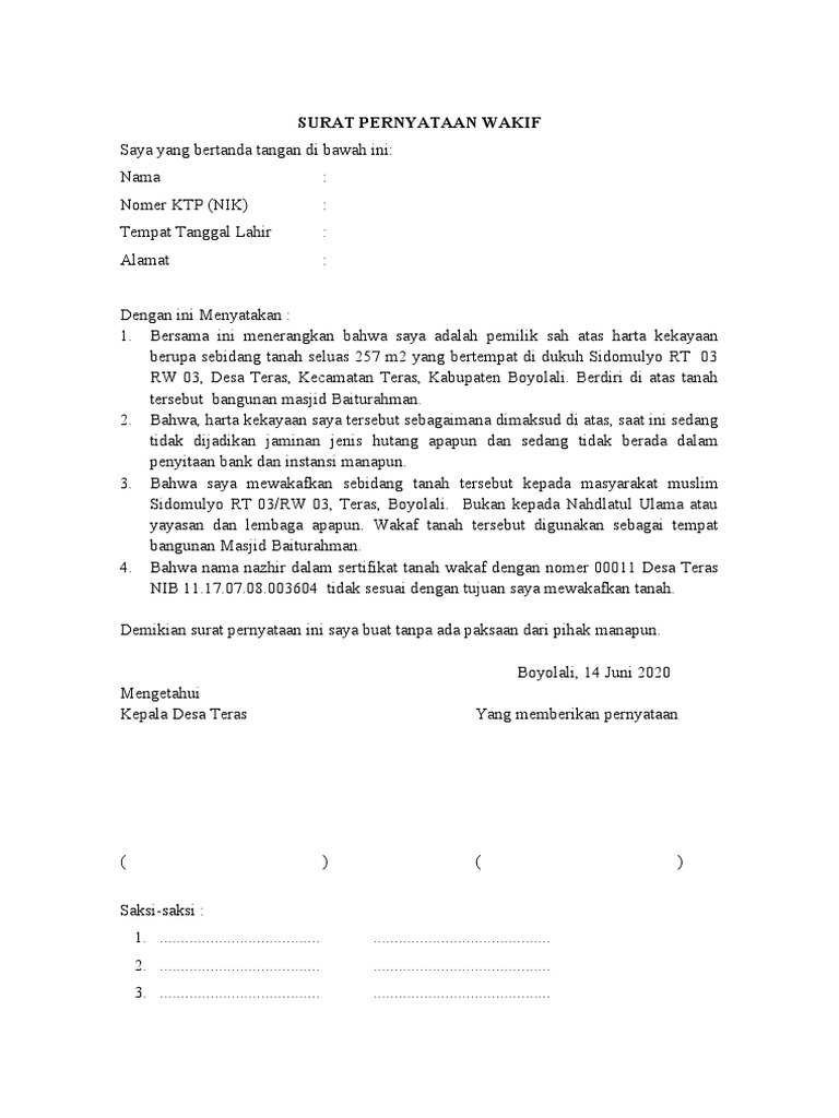SURAT PERNYATAAN WAKAF TANAH | PDF