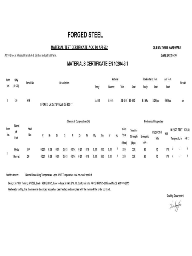 1 Inch Gate Valve MTC | PDF