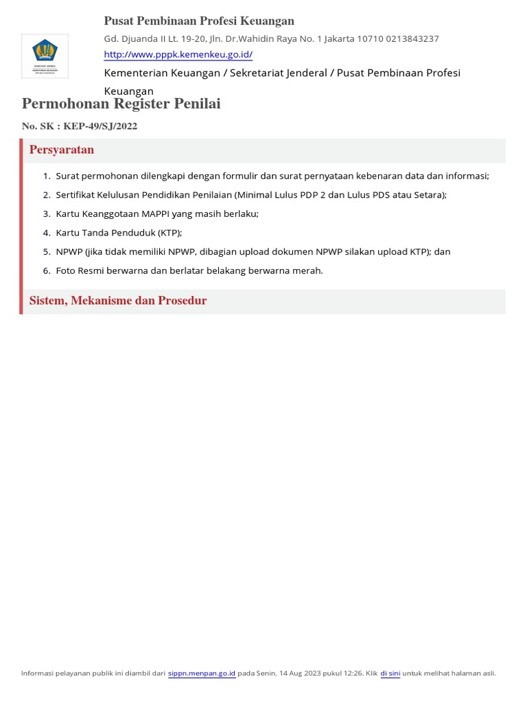 Unduh Standar Pelayanan - Permohonan Register Penilai | PDF