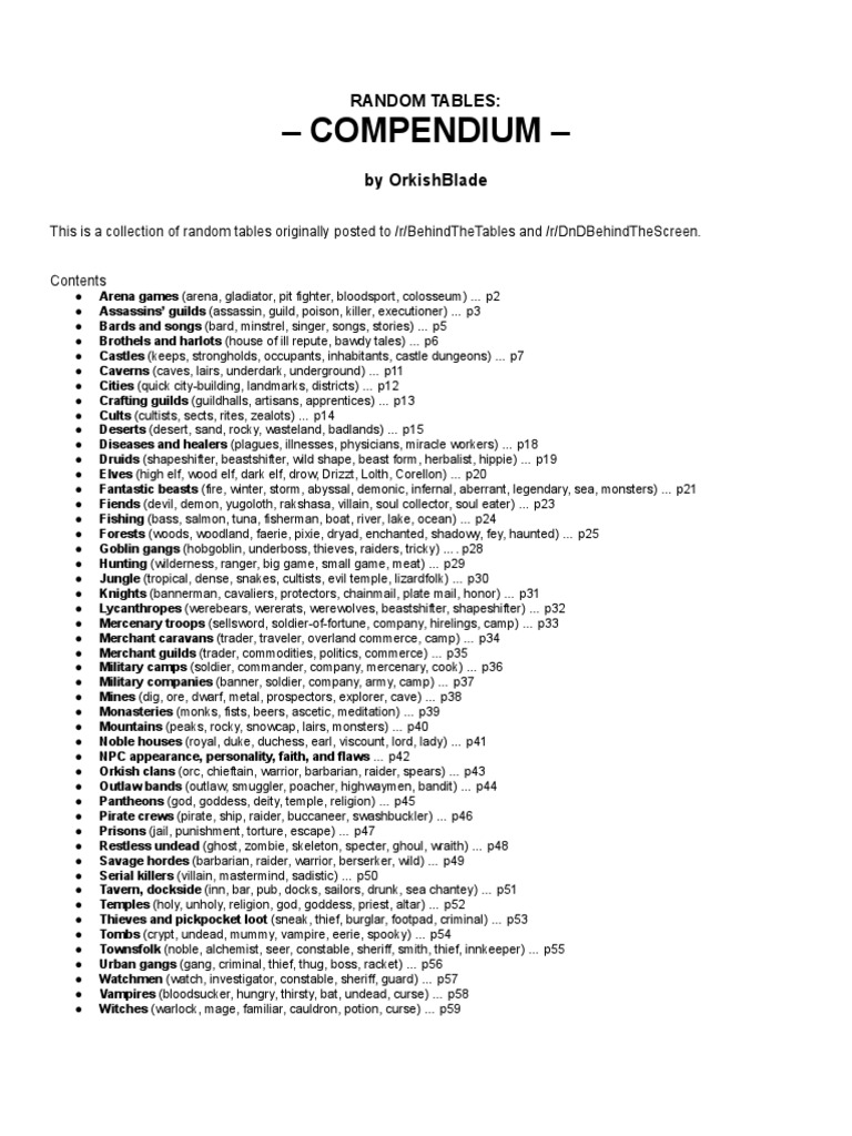 D&D Random Tables Compendium | PDF | Arrow