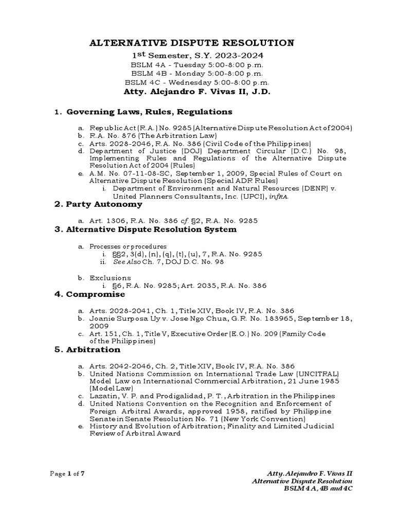 Syllabus Alternative Dispute Resolution Atty. Alejandro F. Vivas II BSLM 4a 4b and 4c | PDF ...